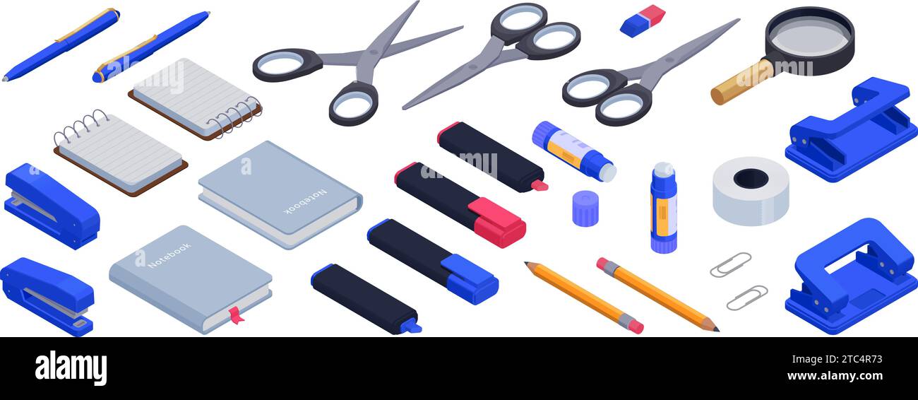 Isometric office school supplies. Isolated stationery collection ...