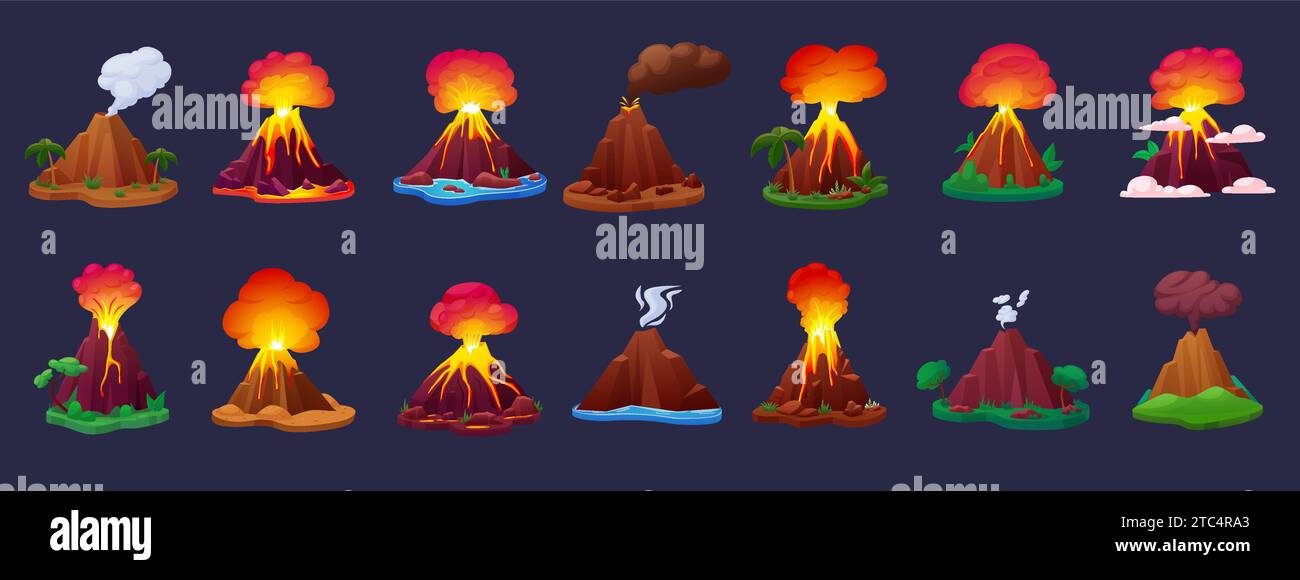 Cartoon volcano eruption processes. Volcanoes erupting with magma, fire ...