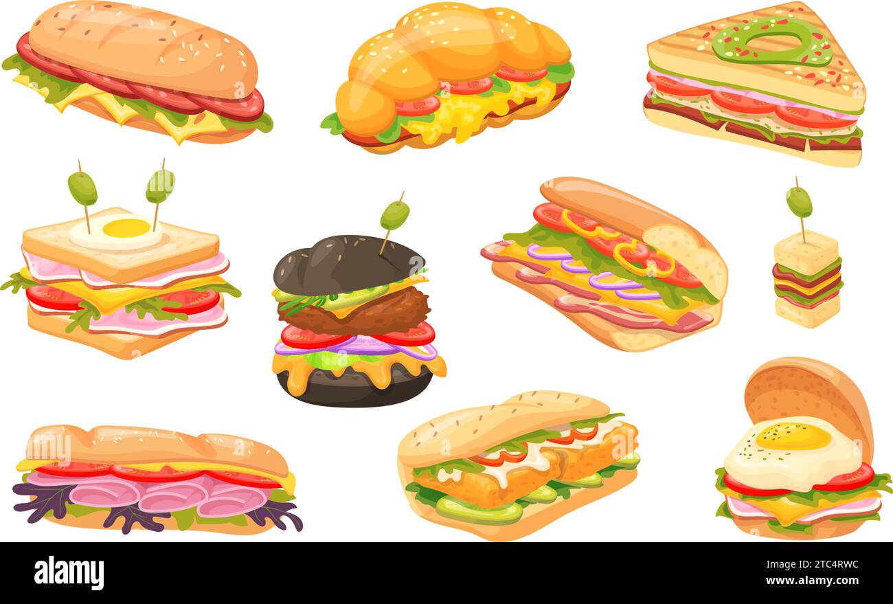 Different sandwiches. Sandwich and burgers collection, bread rolls ...