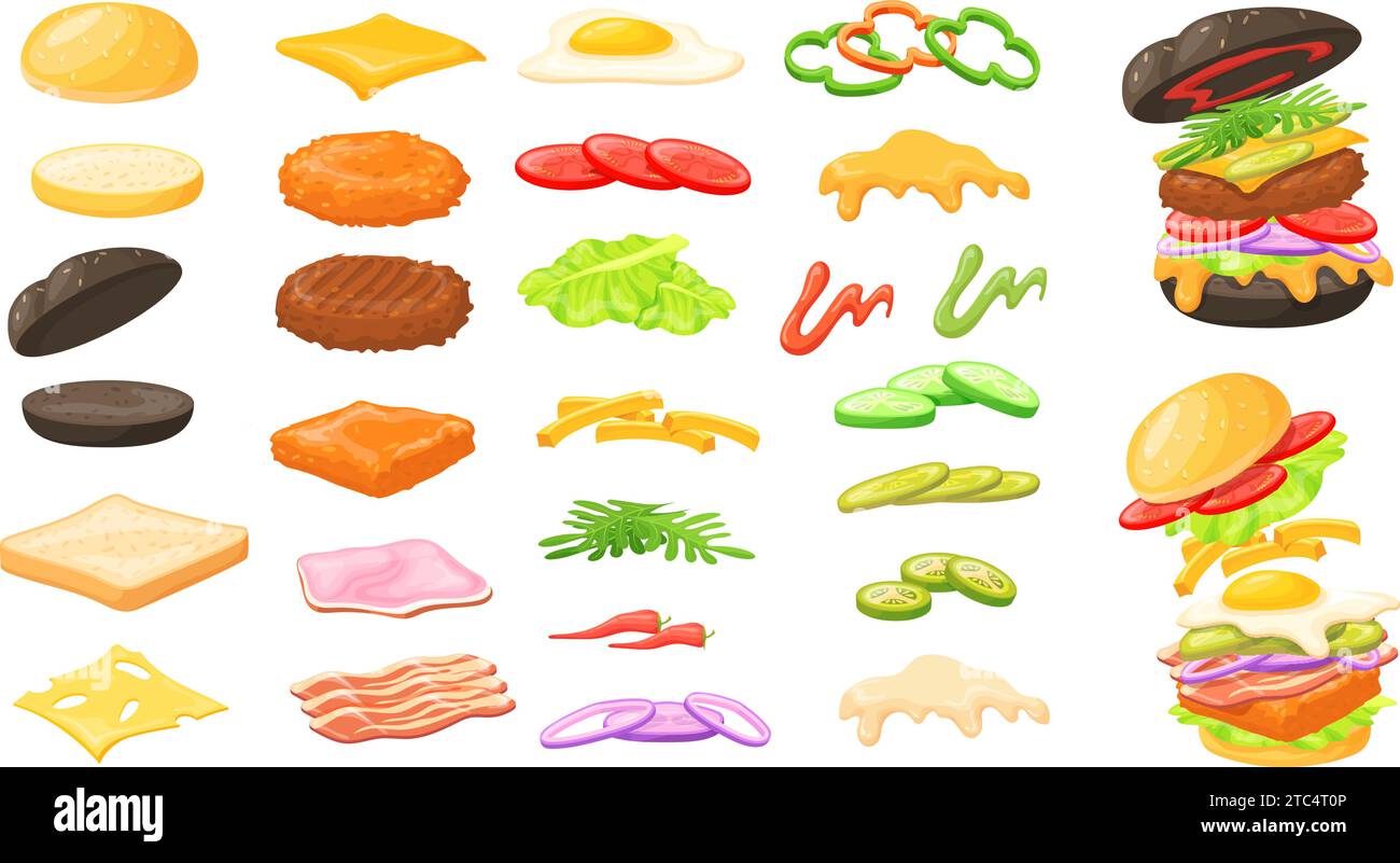 Cartoon burger ingredients. American hamburger sandwich ingredient with ...