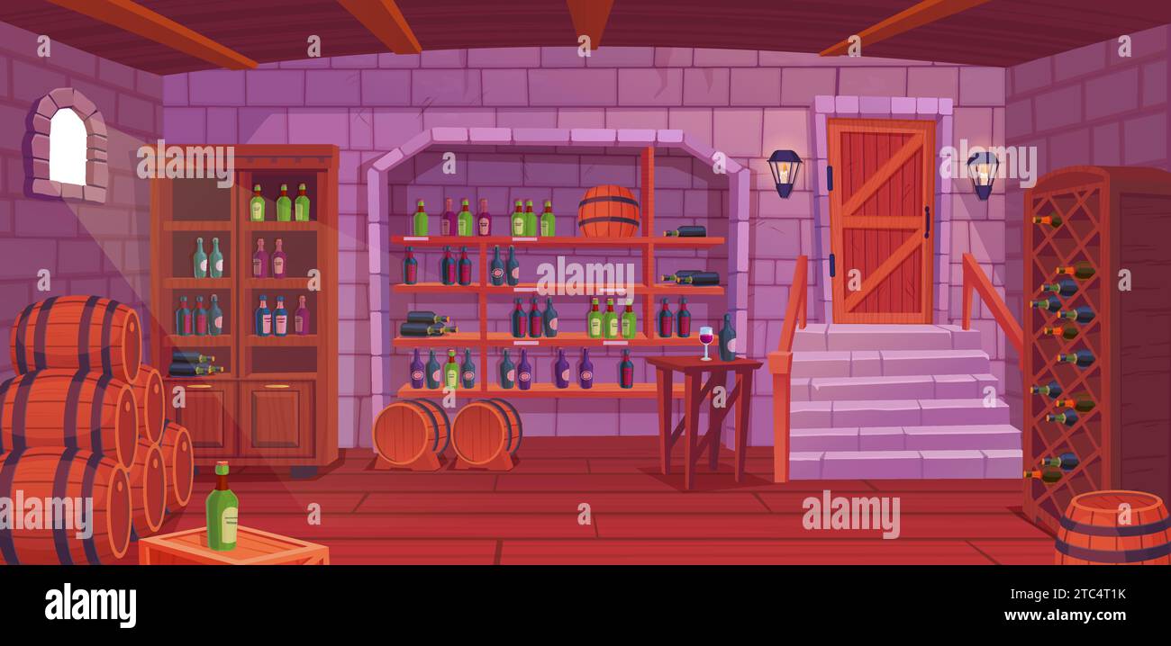 Wine cellar interior. Alcohol shelving with wine champagne barrel in ...