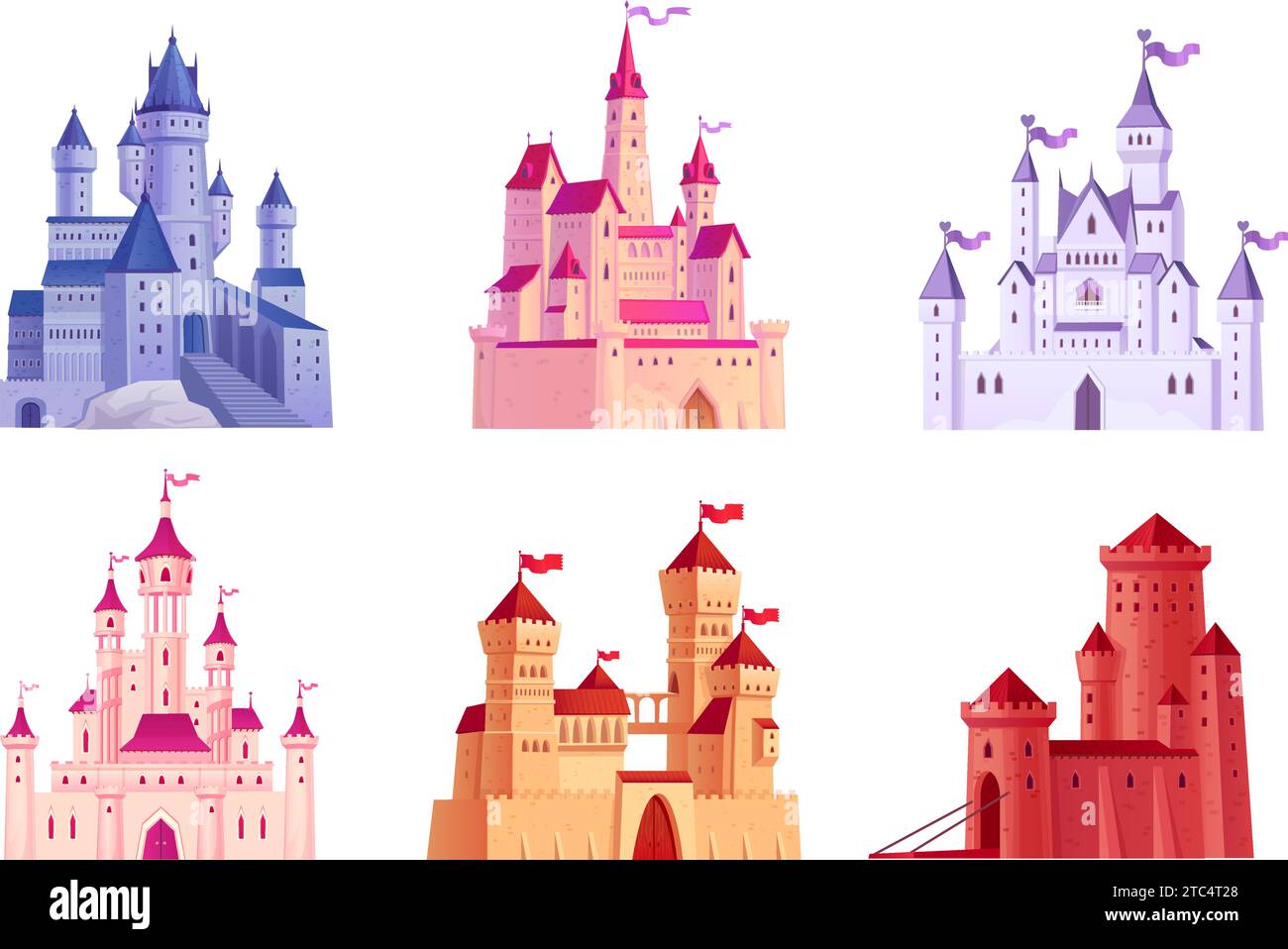Cartoon strongholds. Medieval castles exterior, fantastic palaces magic ...