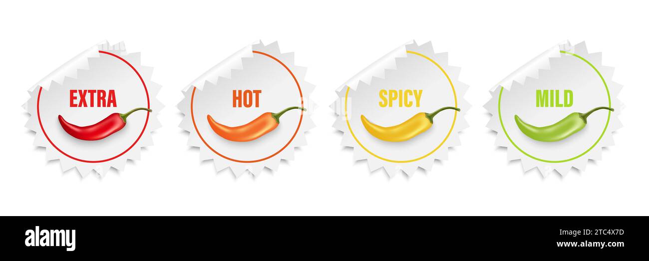 Realistic Vector Round Stickers with Spicy Chili Pepper Levels. Red ...