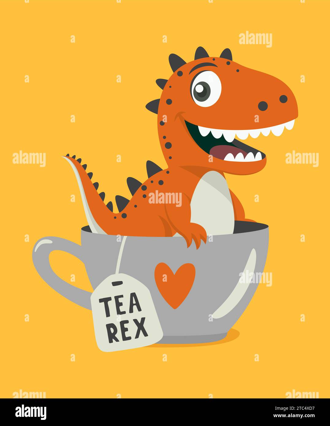 Tea Rex. Vector Funny and Cute Textured Cartoon Dinosaur in Tea Cup ...
