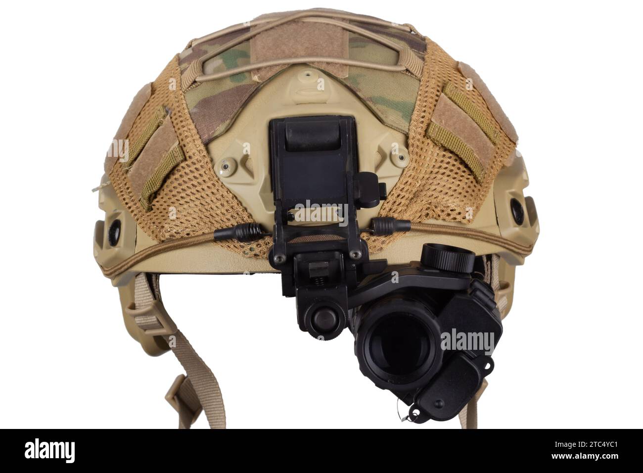 Night vision goggles on military helmet isolated on white background ...