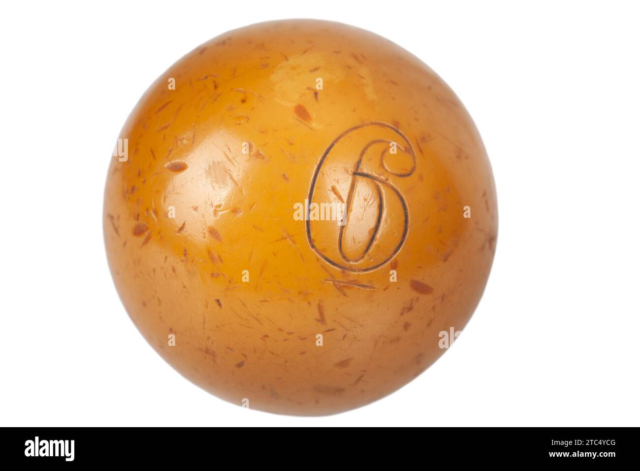 Old vintage billiard ball, number six. Isolated on white background ...