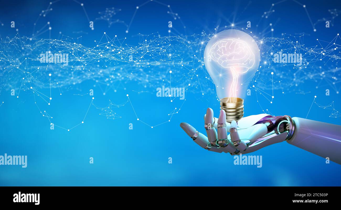 Ai Robot hand holding Light bulbs with Brain inside and Low poly ...