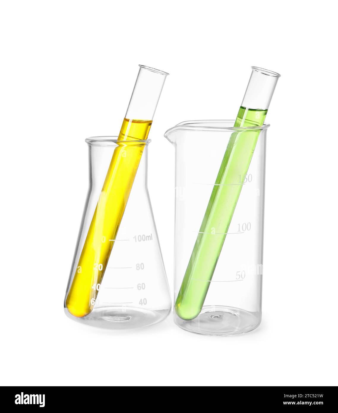 Glass flask, beaker and test tubes with colorful liquids isolated on ...