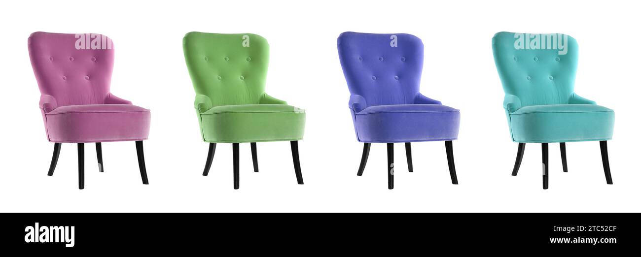 Different colorful armchairs isolated on white, set Stock Photo - Alamy
