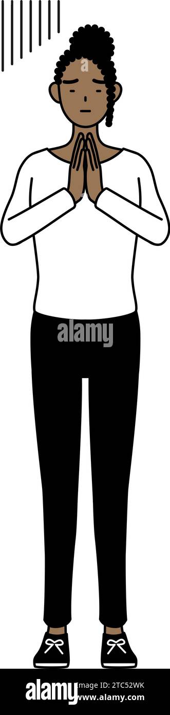 African-American woman apologizing with her hands in front of her body ...