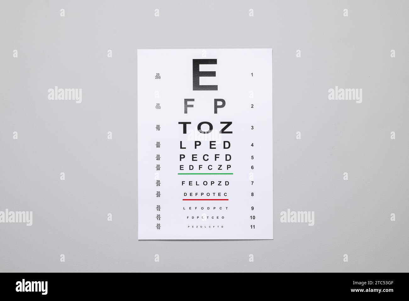 Vision test chart on gray background. Ophthalmic exam Stock Photo - Alamy