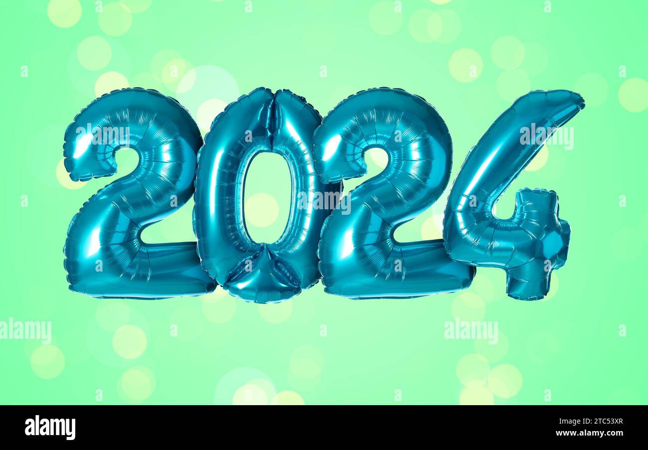 New 2024 Year. Blue number shaped balloons on green background with ...