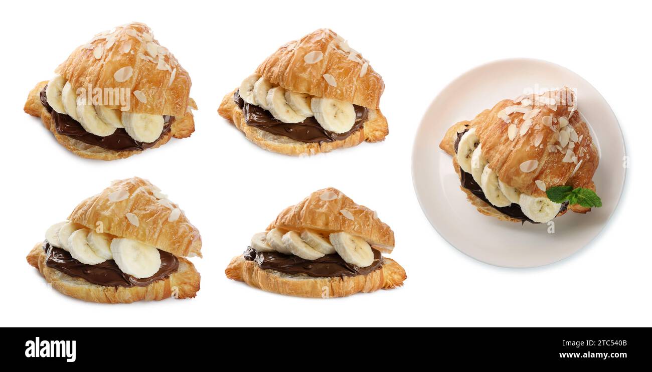 Delicious croissant with sliced banana, chocolate and almond flakes ...