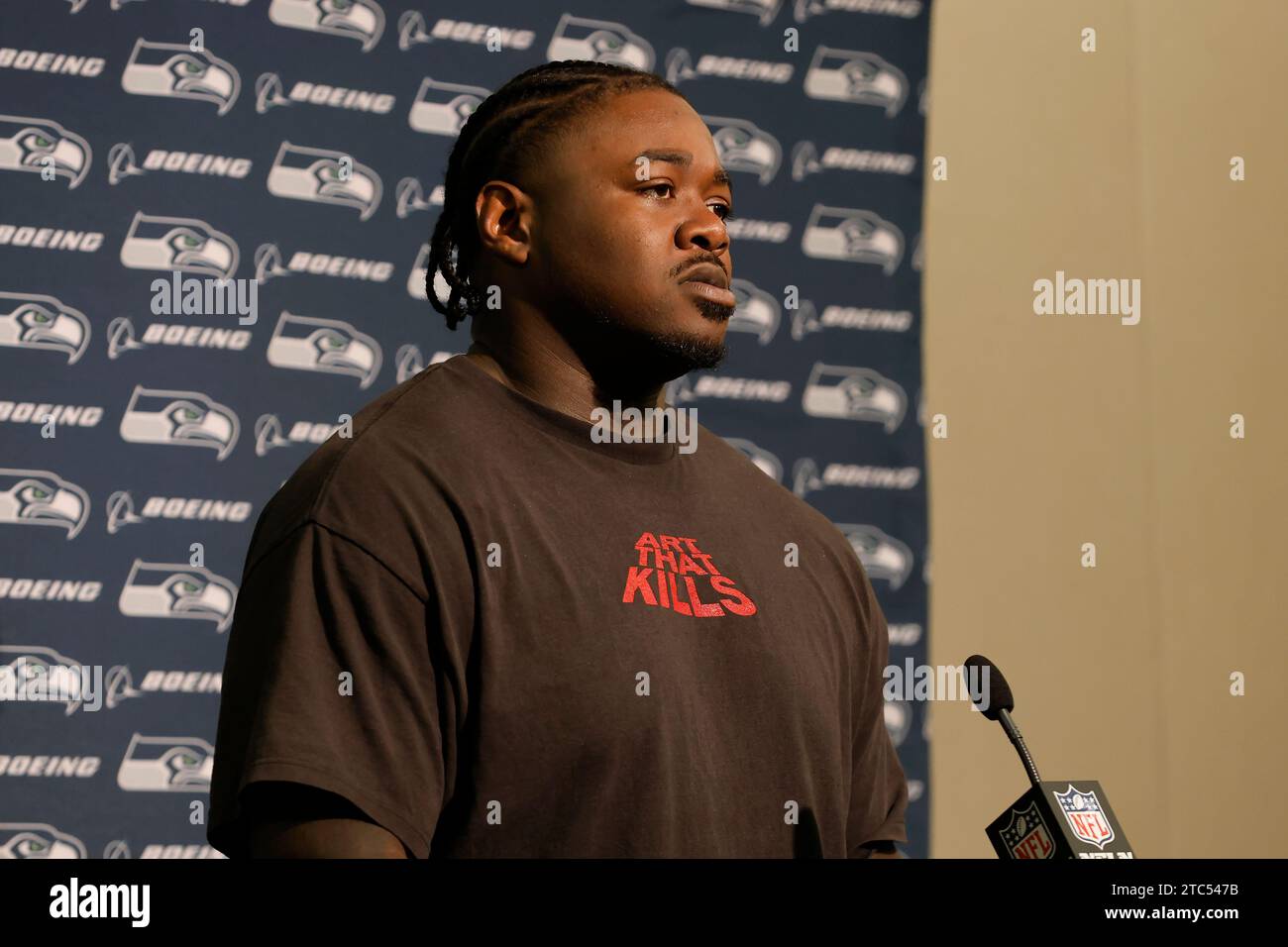 Seattle Seahawks defensive tackle Jarran Reed speaks to reporters after ...