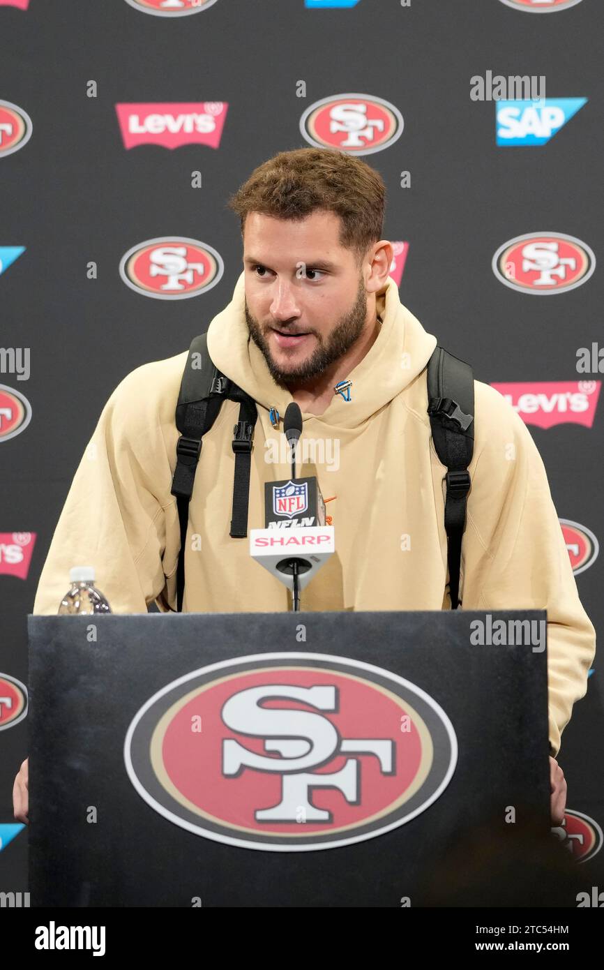 San Francisco 49ers defensive end Nick Bosa speaks to reporters after ...