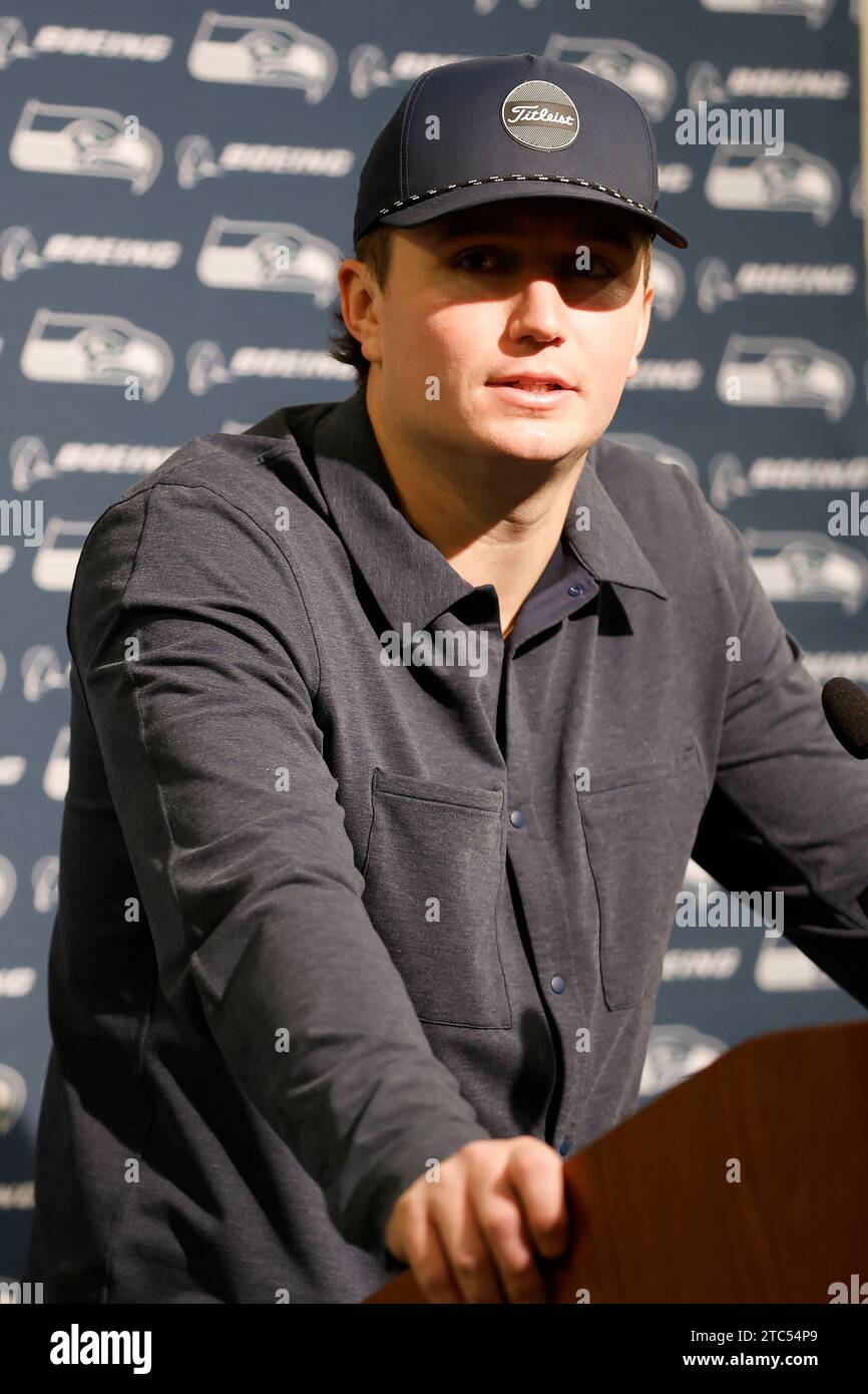 Seattle Seahawks quarterback Drew Lock speaks to reporters after an NFL ...