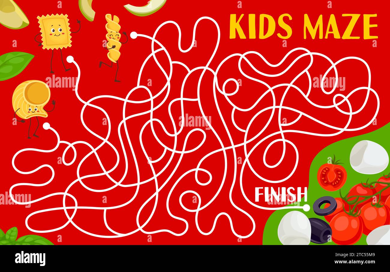 Labyrinth maze. Help to funny italian pasta characters find a salad ...