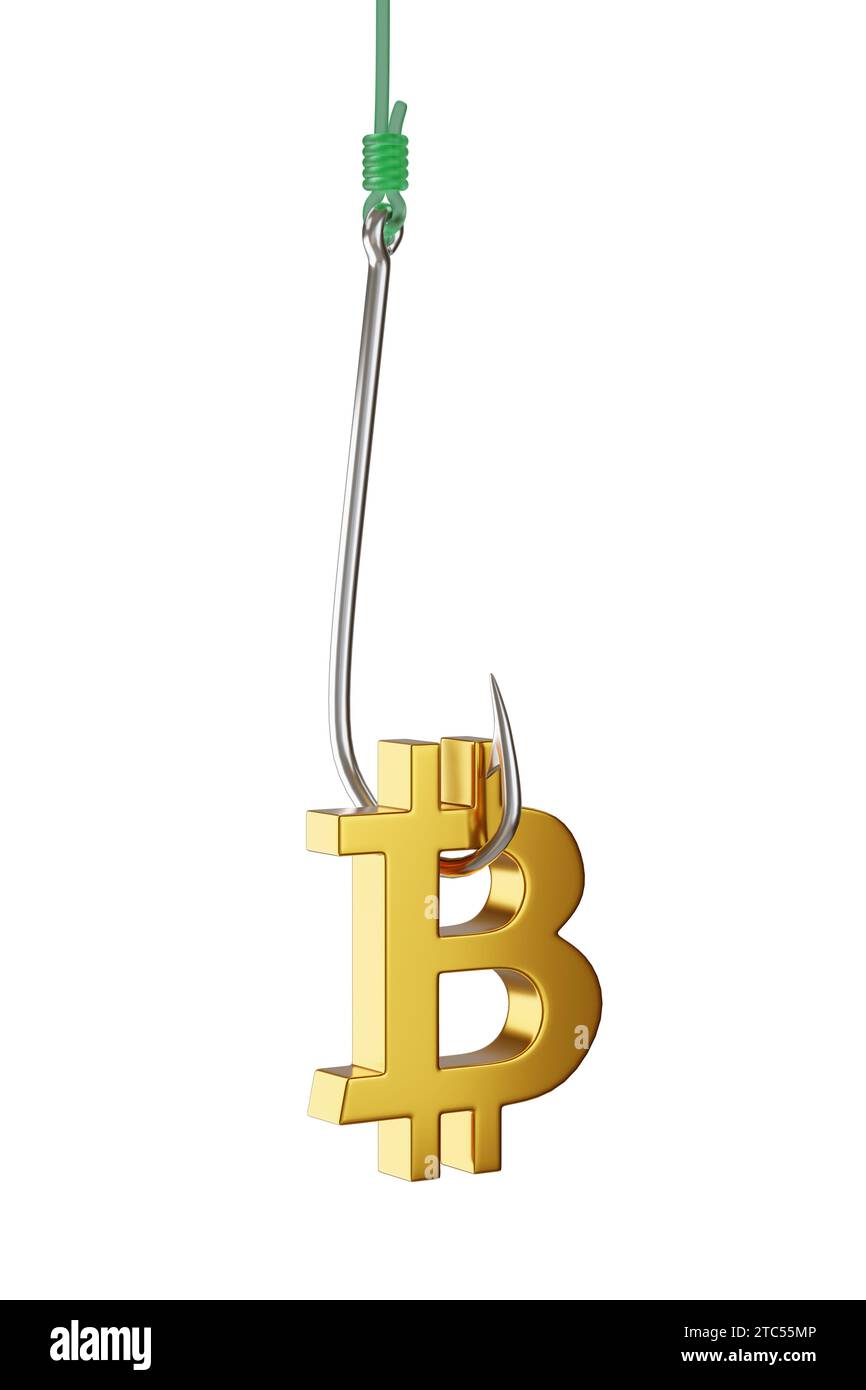 Fishing hook with a bitcoin sign isolated on white background. 3d ...