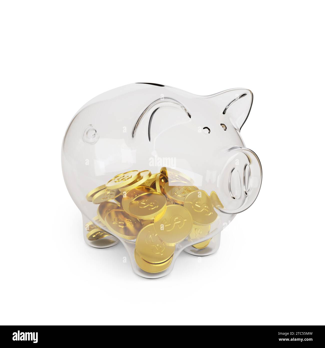 Glass piggy bank with coins inside isolated on white background. 3d ...