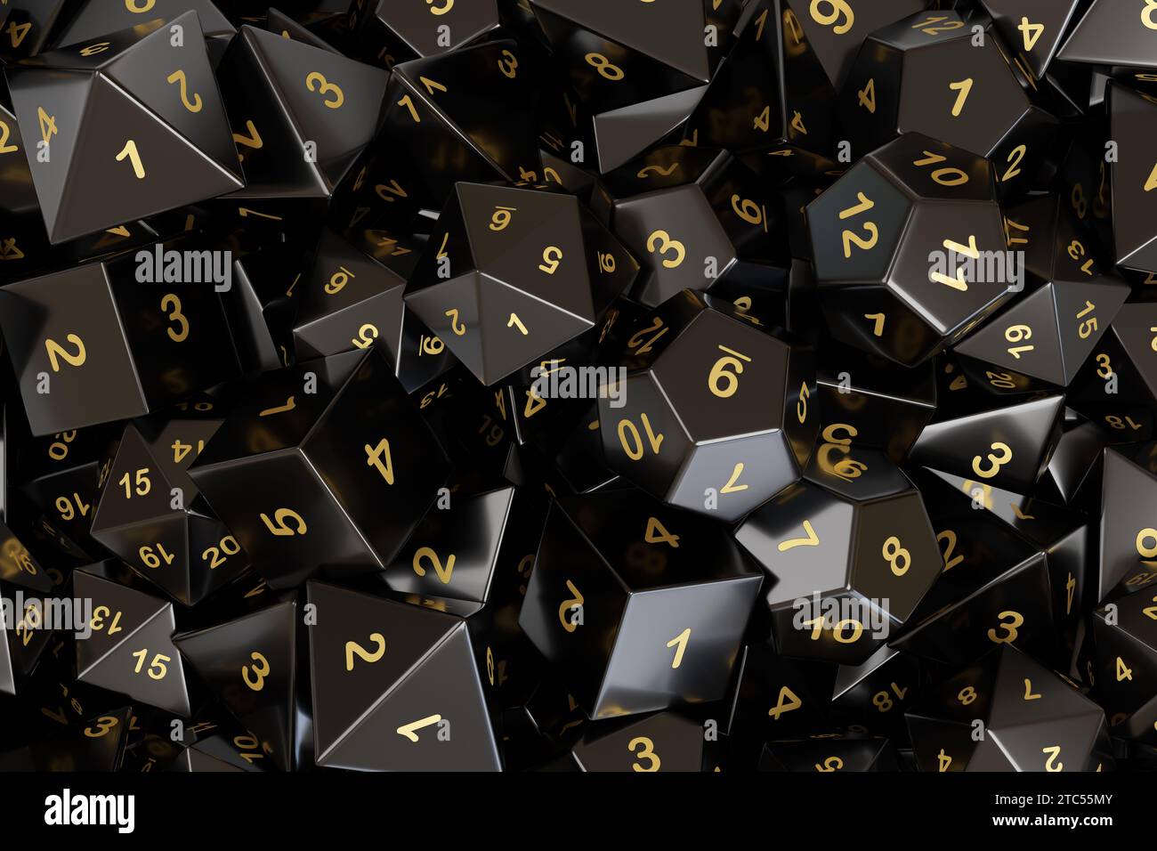 Black dice in the shape of regular polyhedrons. Background. 3d ...