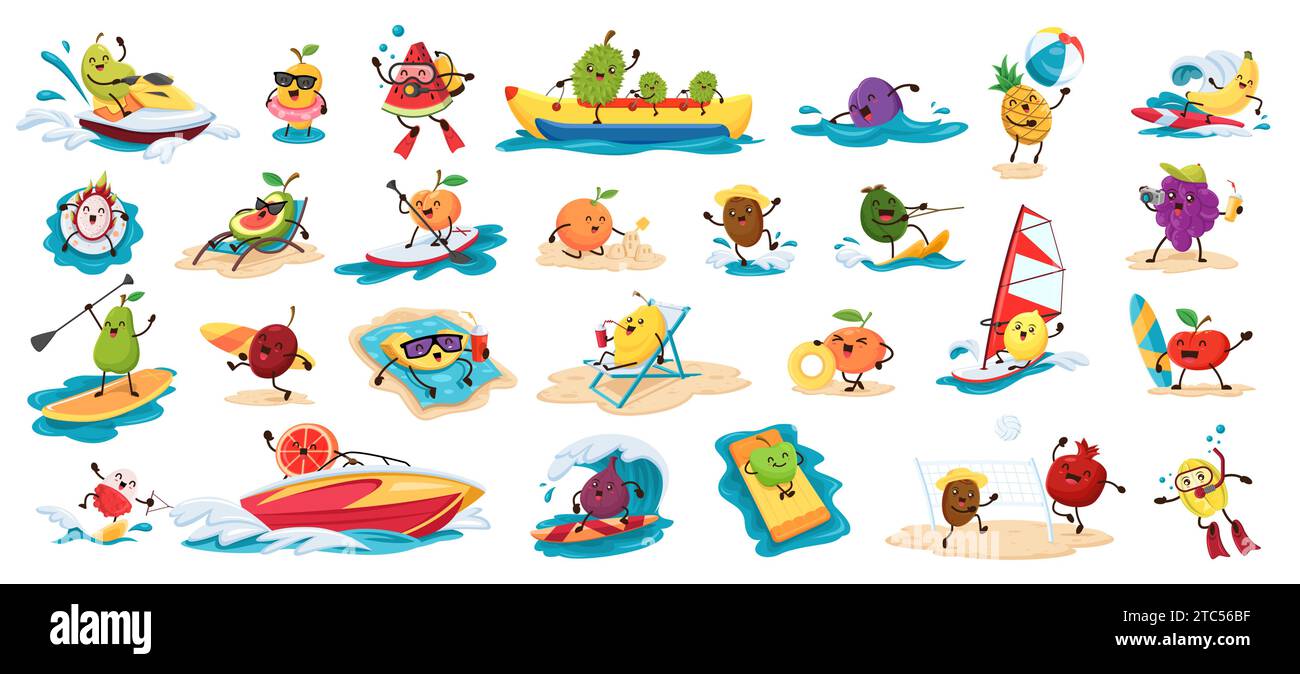 Cartoon fruit characters on summer beach vacation. Funny berry ...