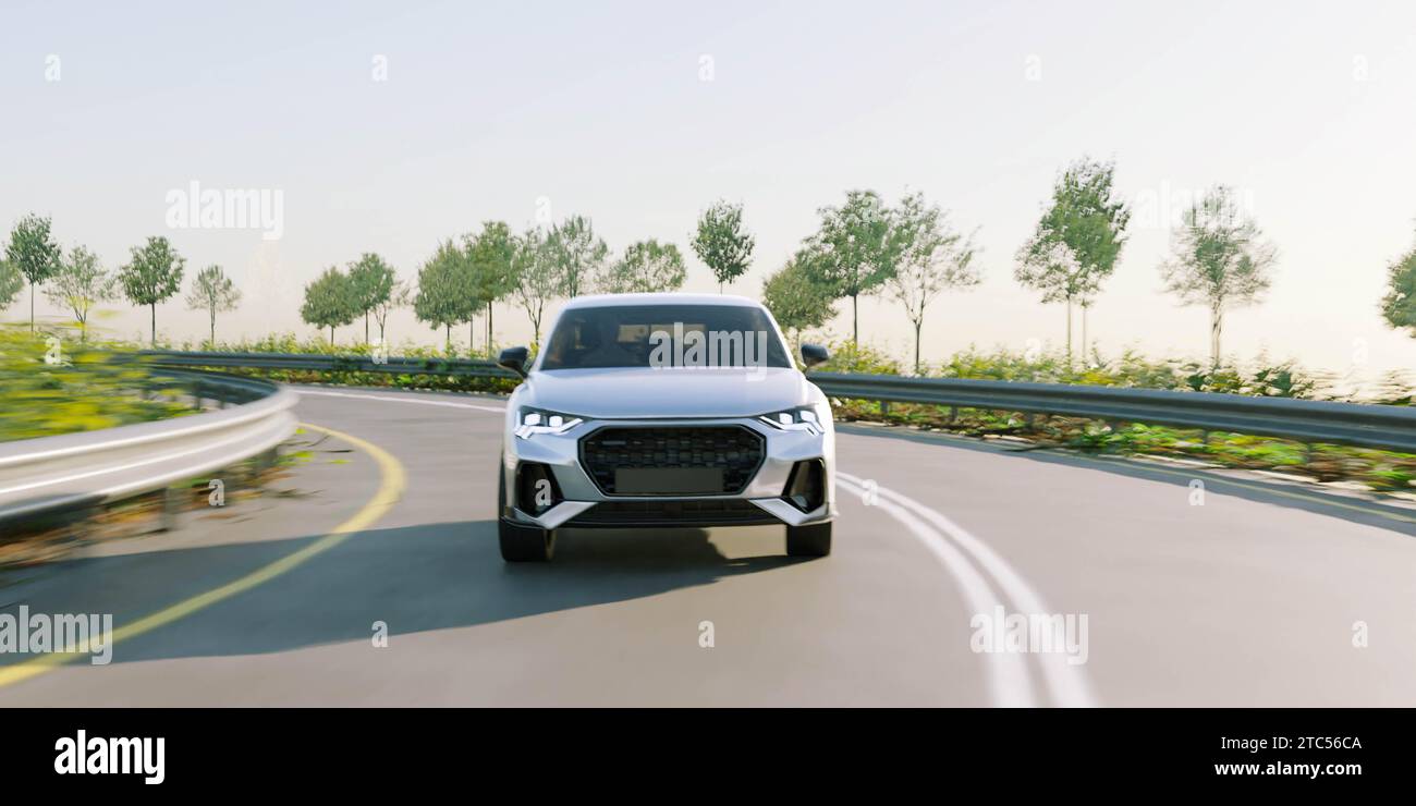 3d render of driving suv car or cruising vehicle on highway road for ...