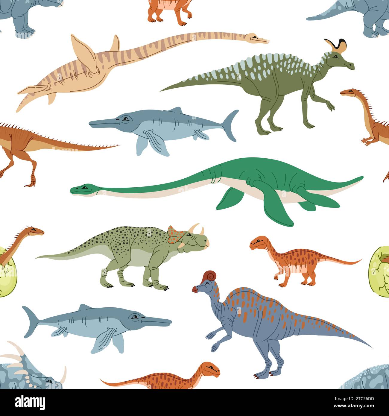Cartoon dinosaur characters seamless pattern with cute dino animals and ...