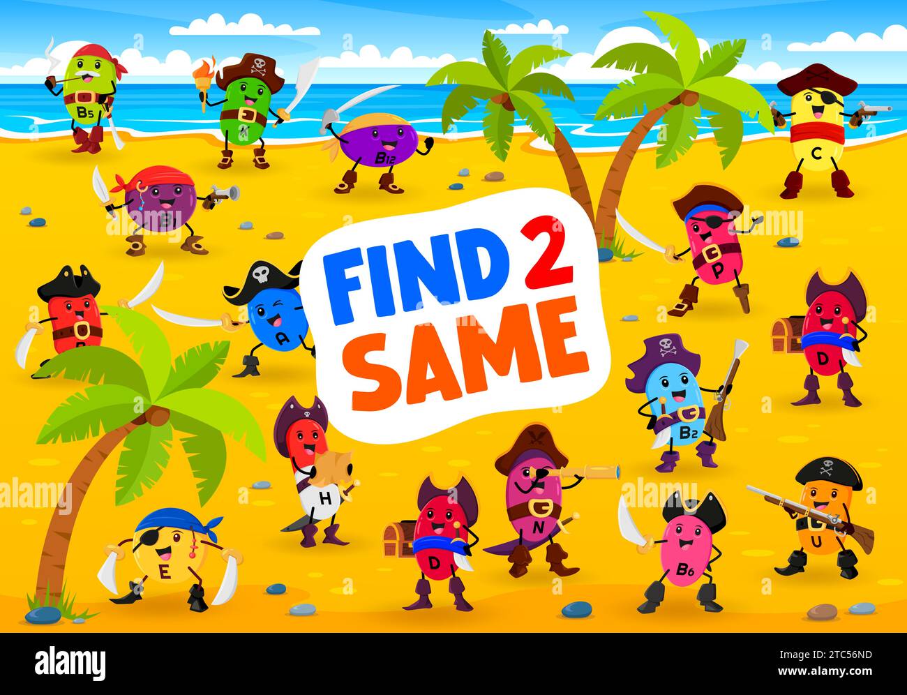 Find two same cartoon vitamin and micronutrient pirate or corsair ...