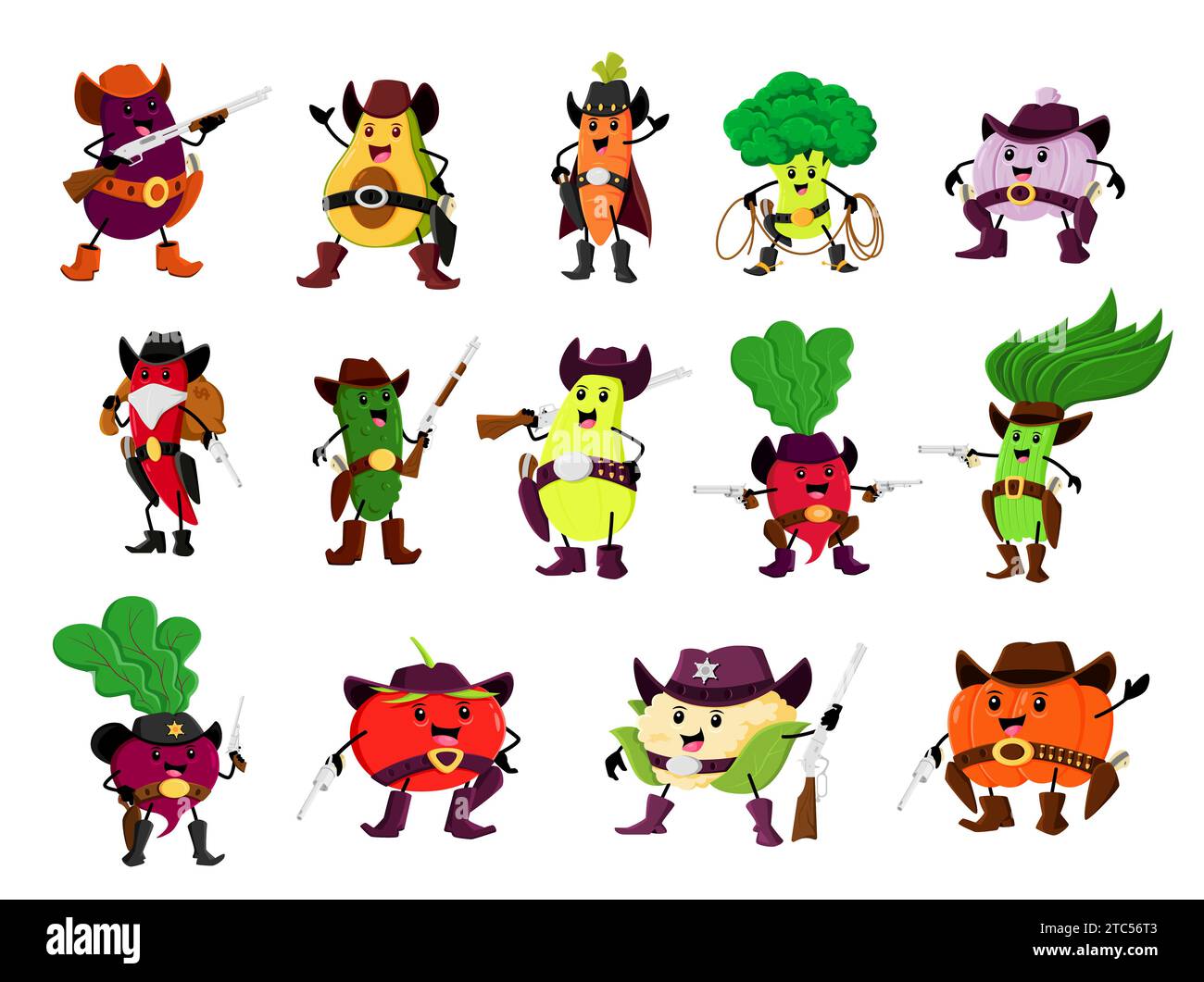 Cartoon vegetable cowboy and ranger, sheriff, robber and bandit ...
