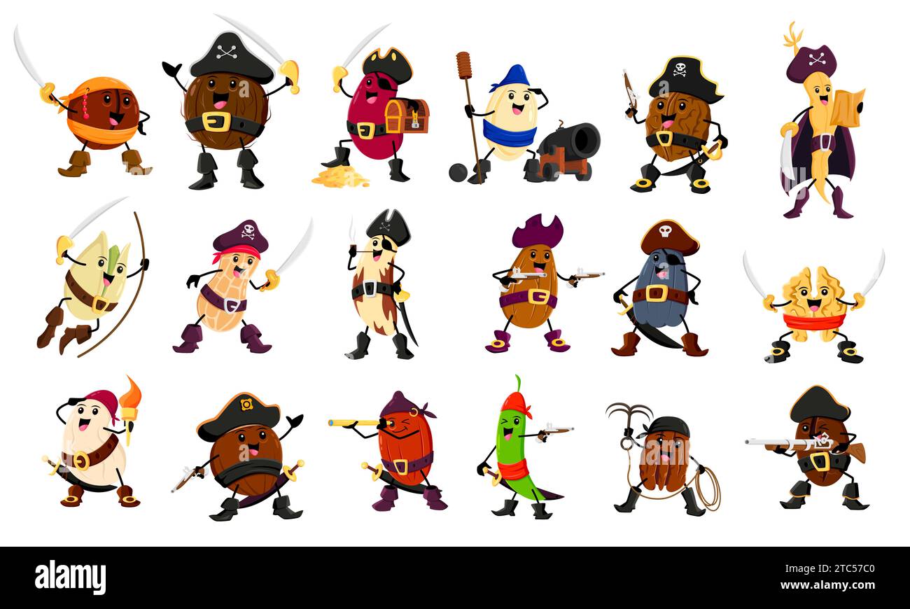 Cartoon nut, bean and legume pirate and corsair characters. Vector ...