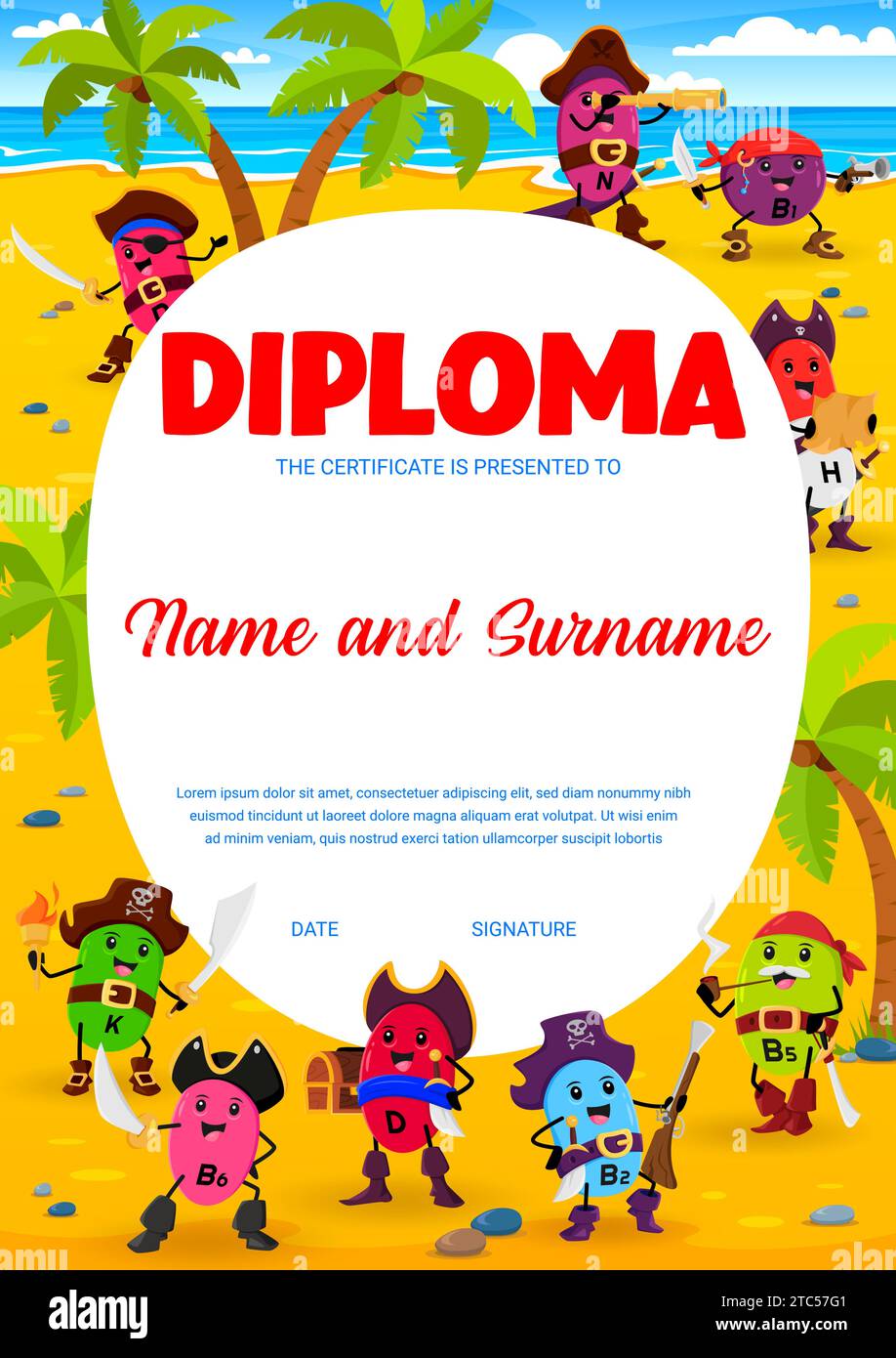 Kids diploma. Cartoon vitamin and micronutrient pirate or corsair ...