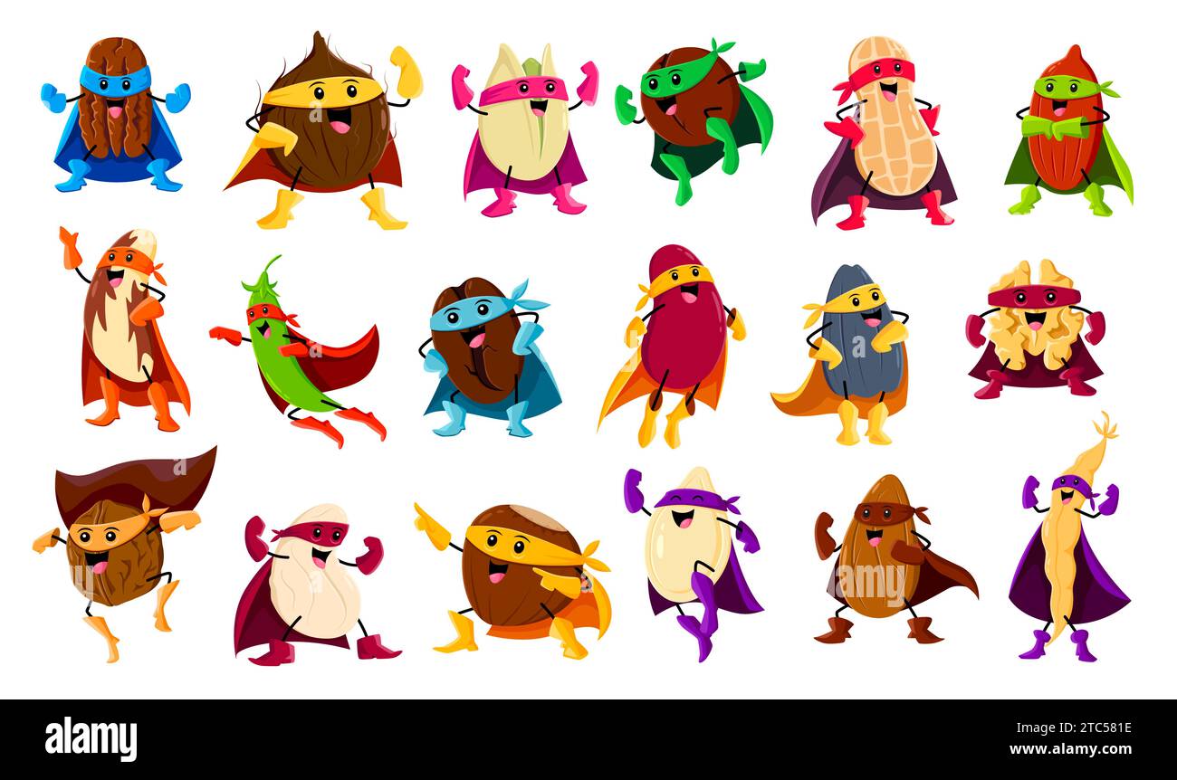 Cartoon nuts, bean and legume superhero characters. Vector seeds ...