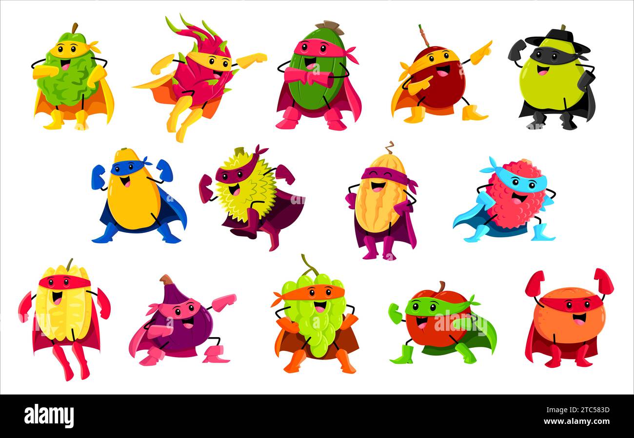 Cartoon fruit superhero and defender characters. Vector melon, apple ...
