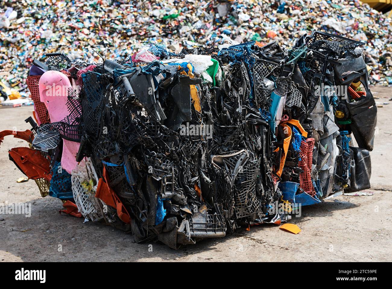 Pack of plastic materials in recycling plant yard closeup Stock Photo ...
