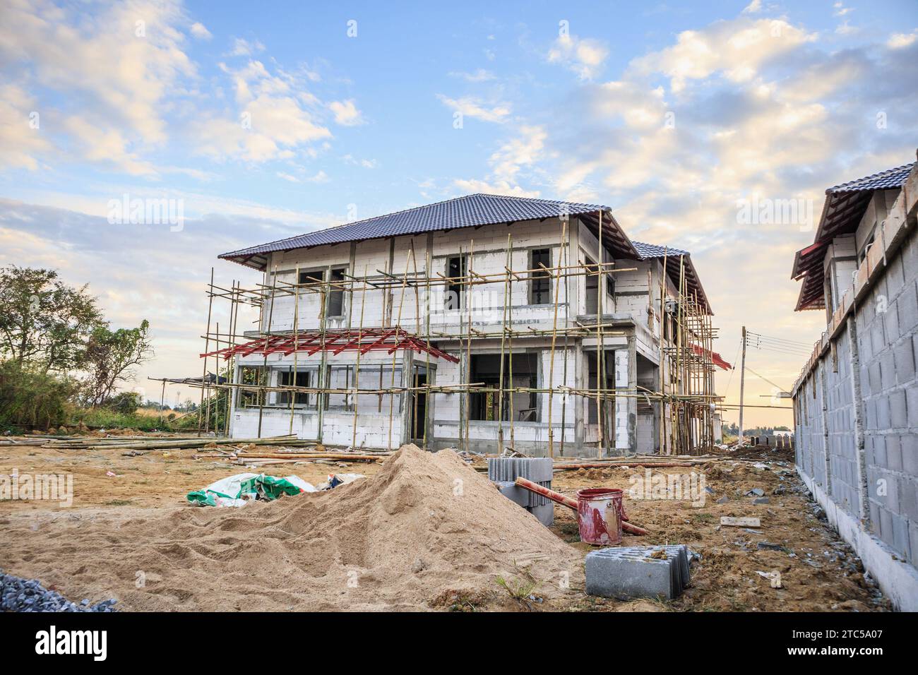 construction residential new house in progress at building site Stock ...