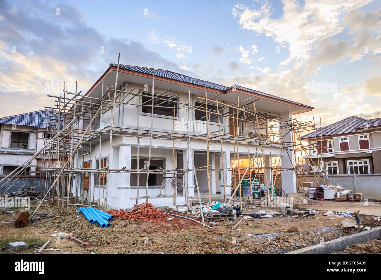 construction residential new house in progress at building site Stock ...
