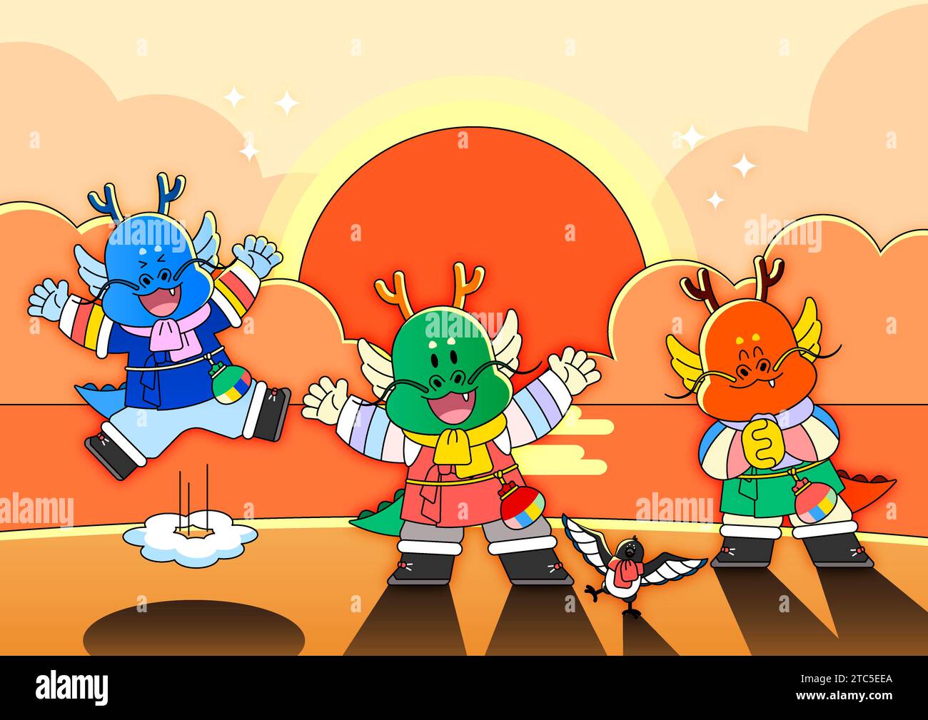 Three dragons wearing hanbok against the background of the sun Stock ...
