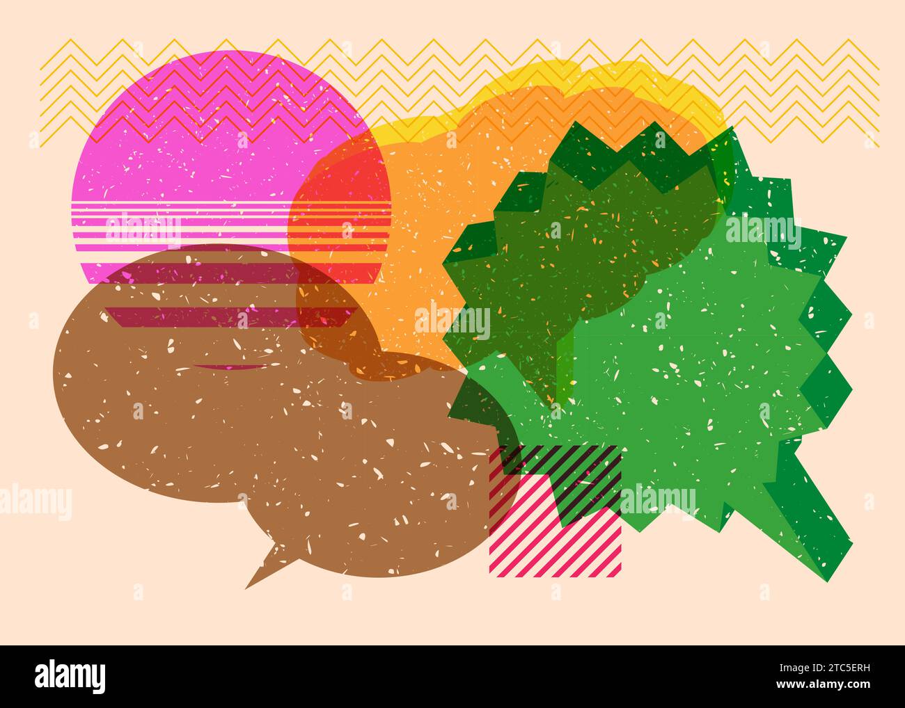 Risograph three speech bubble with geometric shapes. Objects in trendy riso graph print texture ...