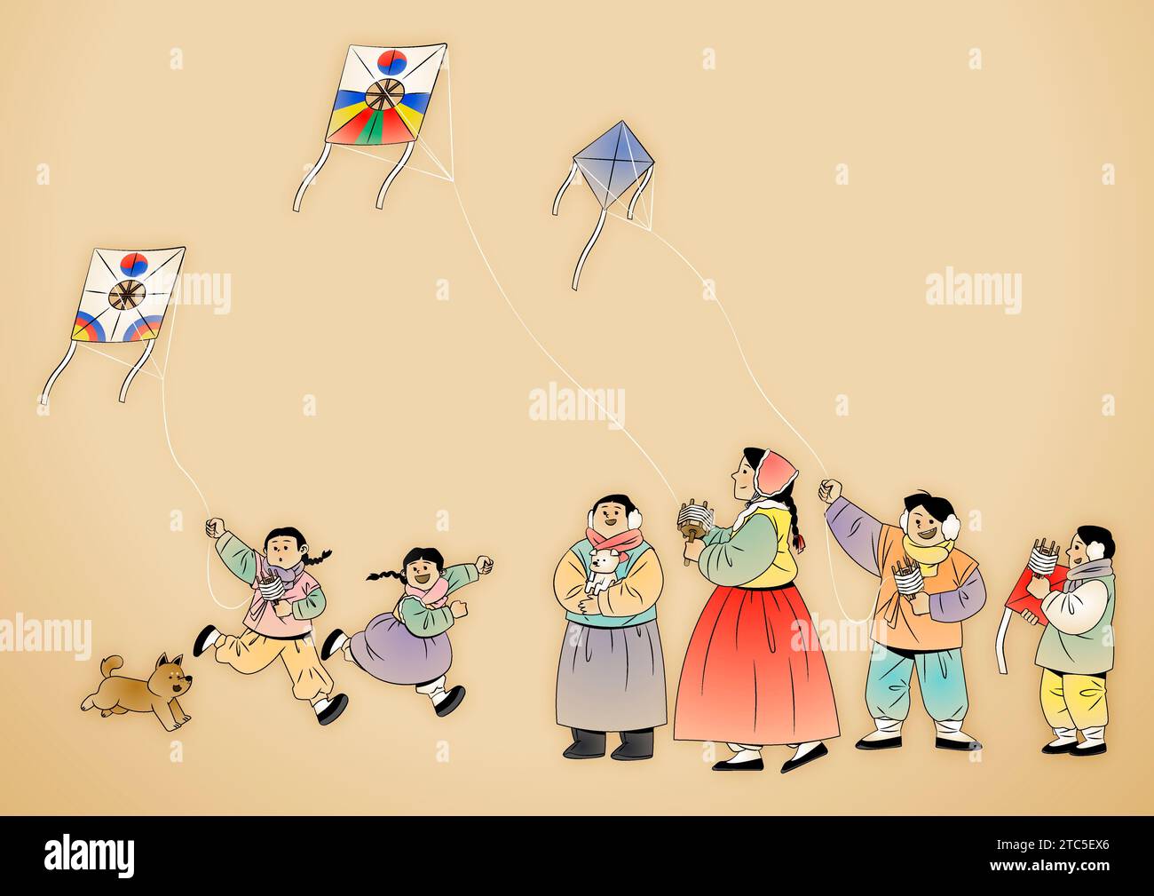 Korean Traditional Play which people in hanbok fly kites Stock Photo ...