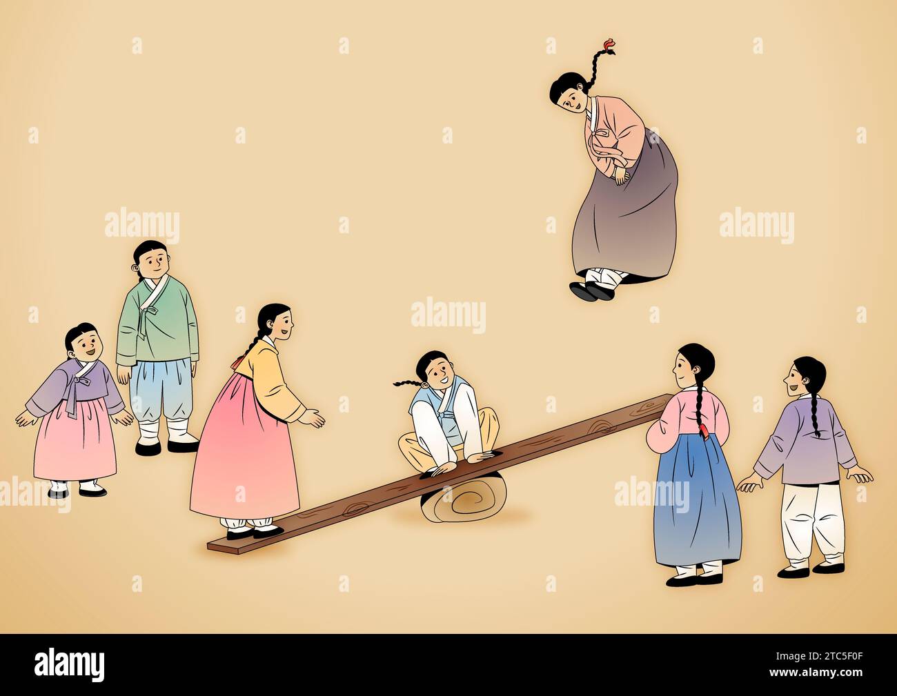 Korean Traditional Play people in hanbok jumping Stock Photo - Alamy