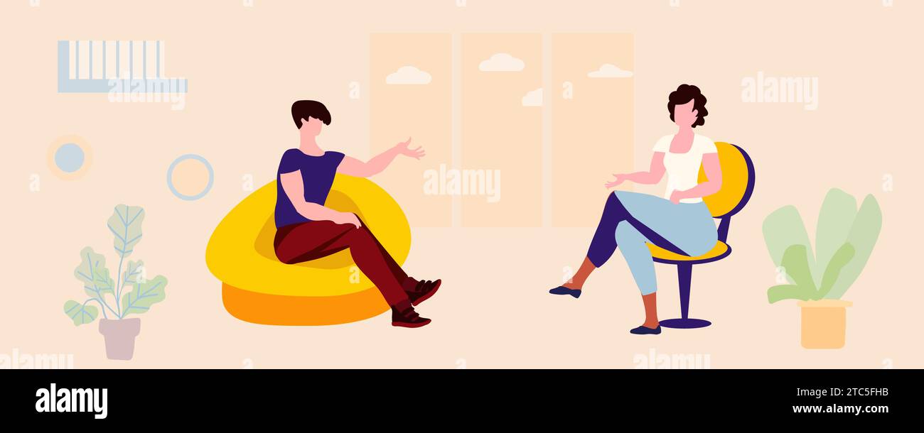 A woman interviews a man in a room with a window. Friendly conversation ...