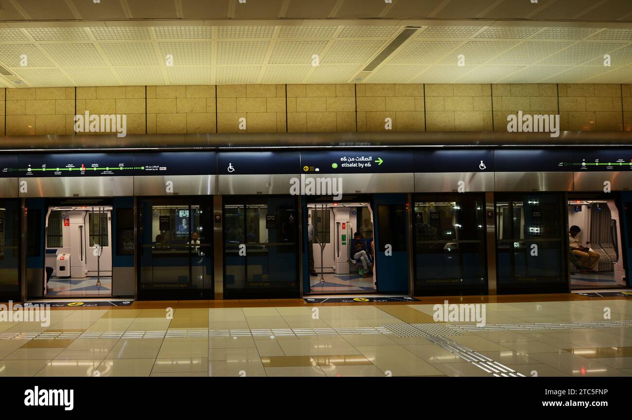 A Dubai metro train at the Business Bay station in Dubai, United Arab ...