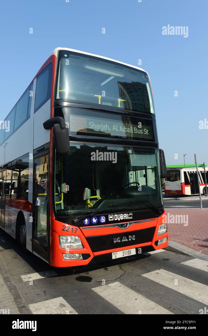 A double-decker bus to Sharjah at the bus station in Dubai, UAE Stock ...