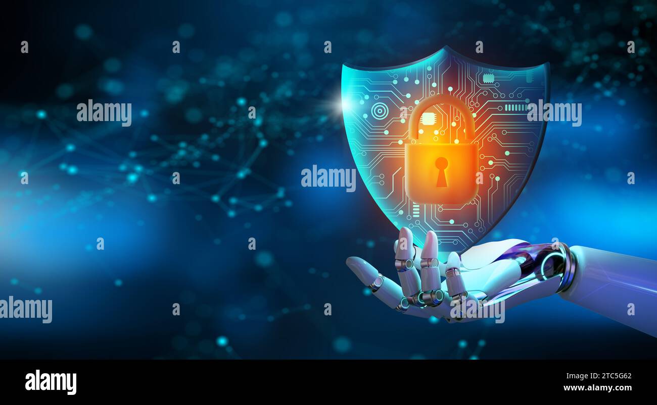 AI Robot Hand holding Shield with Padlock icon over blue background ...
