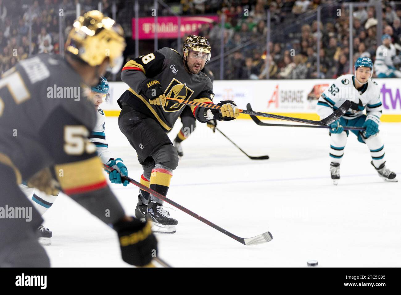 Vegas Golden Knights left wing William Carrier (28) passes the puck to ...