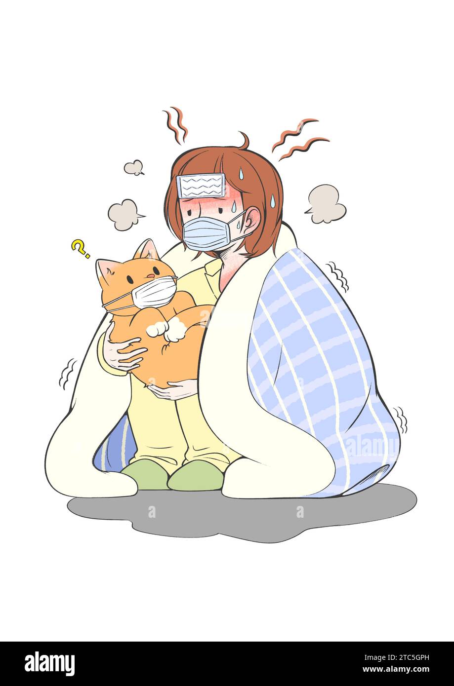 winter flu character who has a fever, wears a mask, wears a blanket ...