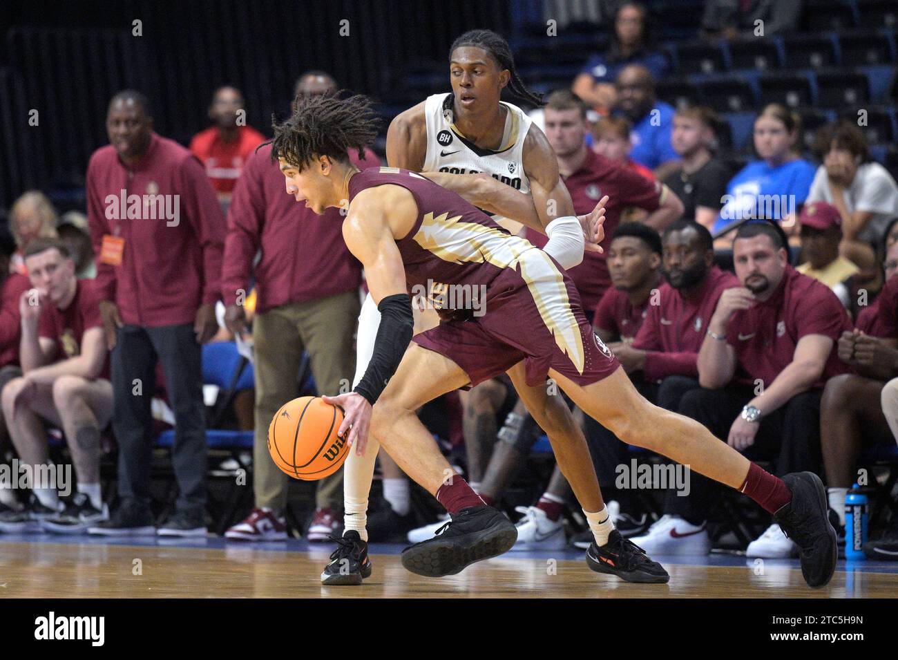Florida State guard Jalen Warley, front, is defended by Colorado ...