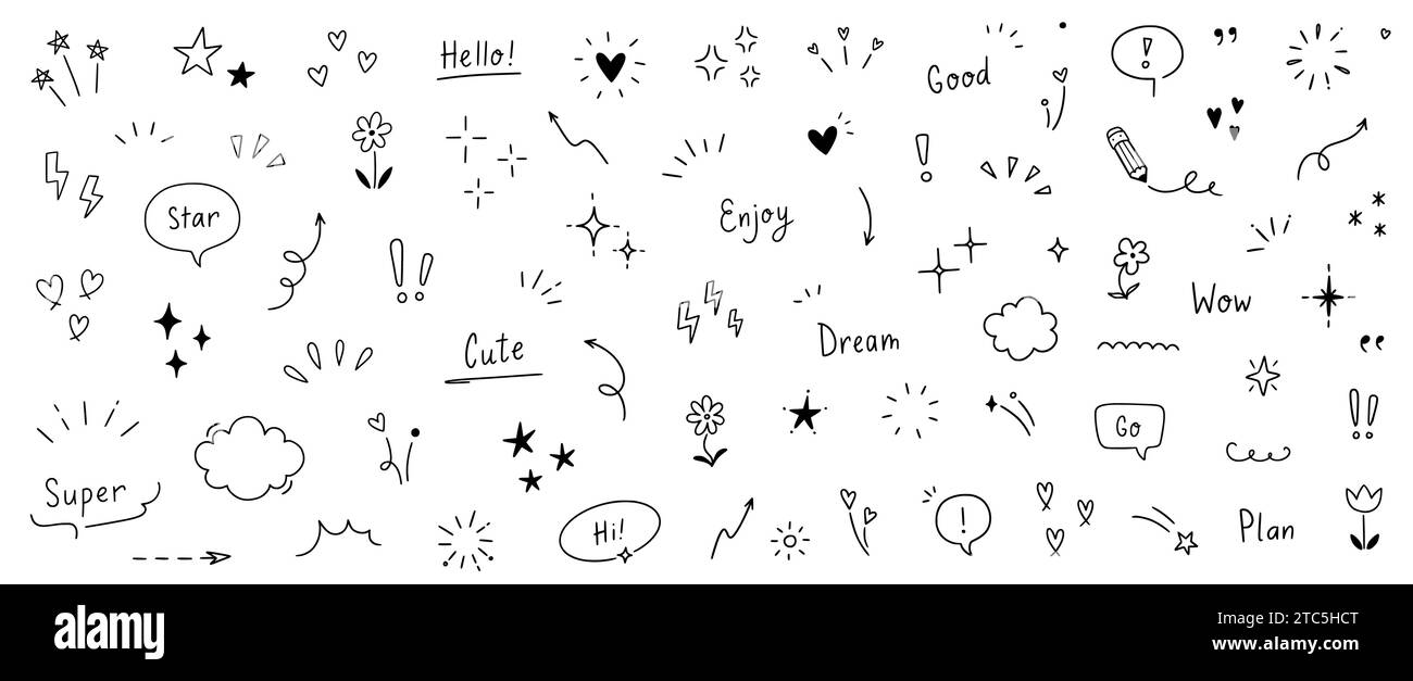 Doodle cute star, heart, arrow pen line elements. Doodle heart ...