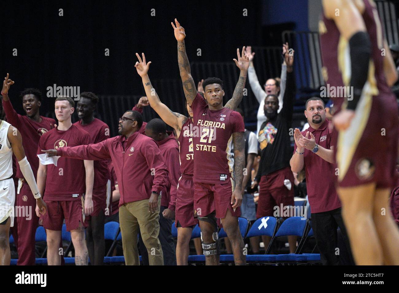 Florida State players celebrate after a 3-pointer during overtime of an ...