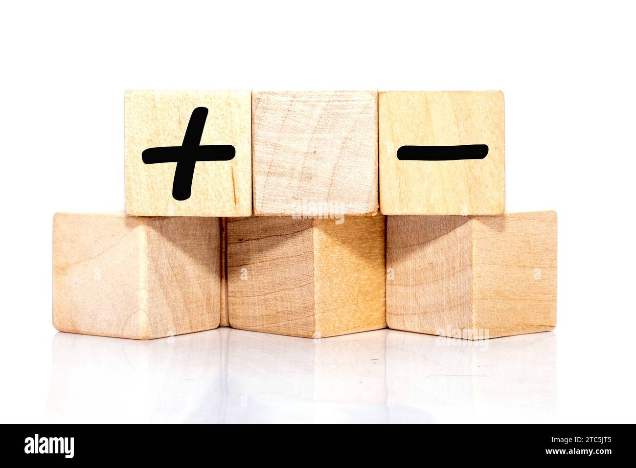 business concept.. Plus, minus symbols inscription on wooden cubes on a ...